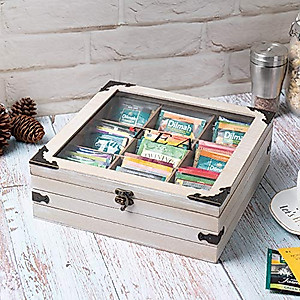 AHUONEL Tea Box Organizer Tea Bag Holder, 9 Compartments Rustic Tea Storage Box, Tea Chest Tea Organizer Container for Tea Bags, Creamers, Sugar, Coffee Pods, Instant Coffee Packets (Gray)