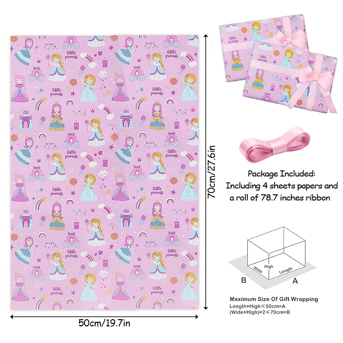 Little Princess Birthday Wrapping Paper for Girls Kids Baby Child, Lovely Pink Princess Castle Theme Gift Wrapping Paper for Birthday Baby Shower with Pink Ribbon 4 Sheets Folded Flat