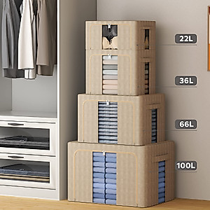 FHSQX Clothes Storage Organizer Bins- Stackable Storage Containers for Closet Foldable Storage Bins for Clothes with Clear Window & Carry Handles (Large-66L(19.7x15.7x12.6inch), Beige)