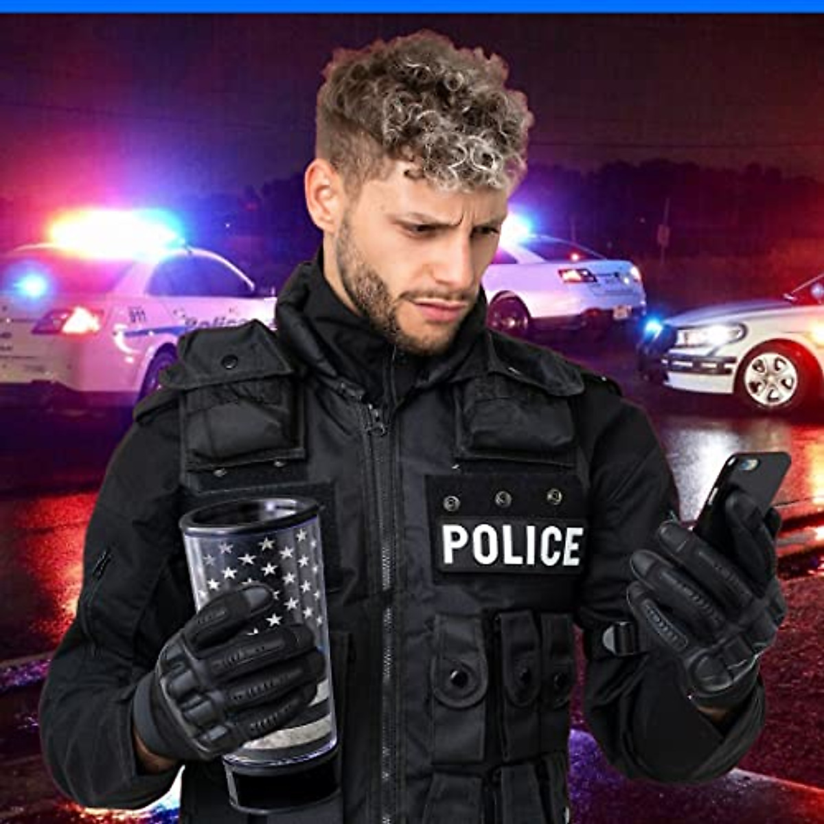 Blue Lives Matter by Spit Bud - The Ultimate Spittoon for Chew - Portable Dip & Snuff Cup with Lid, Pop Tab, Spill-Proof Funnel, Can Cutter & Holder - Fit in Cup Holders - Holds 8oz - Made in USA