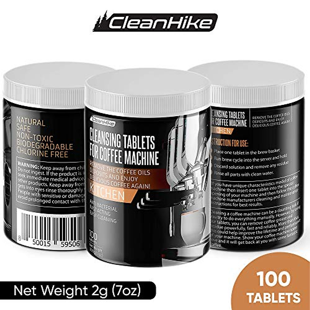 CleanHike Espresso Machine Cleaning Tablets - (100 Tablets) For Breville, Jura, Miele, and Universal Coffee Machine for All Brands - Professional Coffee Grease and Residue Cleaner for Baristas (1)