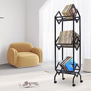 ERFEI Vinyl Record Storage Rack 3 Tier Vinyl Holder Multipurpose Book Magazine Files Display Stand with Casters for Bedroom Living Room Office