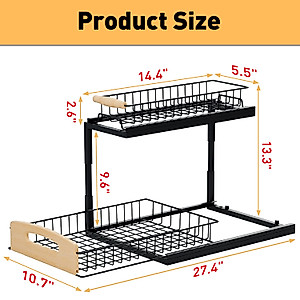 G-TING Under Sink Organizer 2 Tier, L Shaped Sliding Cabinet Basket Organizer, Slide Out Under Cabinet Storage, Multi-Purpose Pull Out Cabinet Organizer for Bathroom, Kitchen, Black
