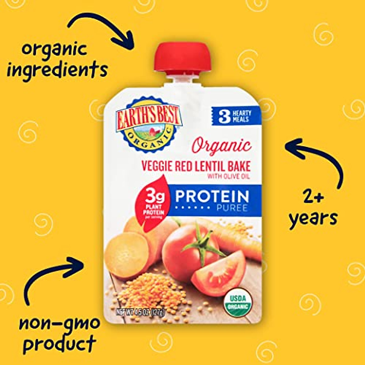 Earth's Best Organic Toddler Food Pouches, Toddler Protein Puree for Kids 2 Years and Older, Organic Veggie Red Lentil Bake with Olive Oil, 4.5 oz Resealable Pouch (Pack of 12)