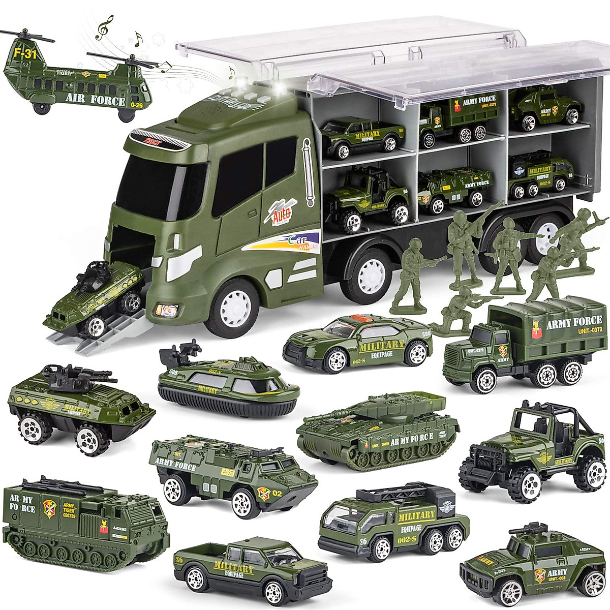 18 Pcs Military Truck with Army Men Toy Set for Boys, Mini Die-cast Battle Car in Transport Carrier Truck Playset, Army Toy Vehicle for Boy Girl Kid Toddler 8-12 Year Old Birthday Gift Party Favor