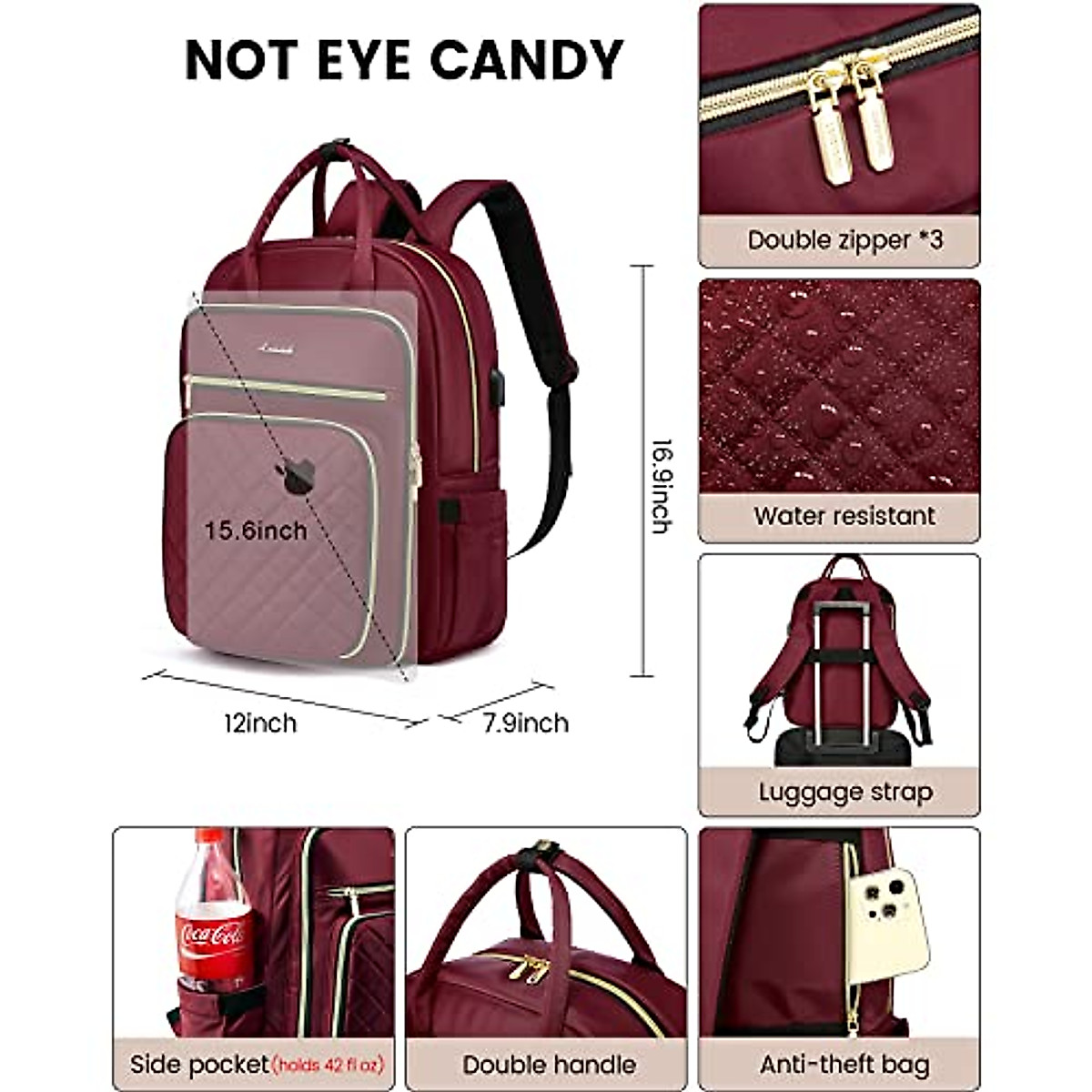 LOVEVOOK Laptop Backpack for Women, 15.6 Inch Computer Backpack for Teacher Nurse with Water Resistant, Lightweight Travel Work Backpack with USB Charging Port, Quilted Commuter Backpack purse, Wine