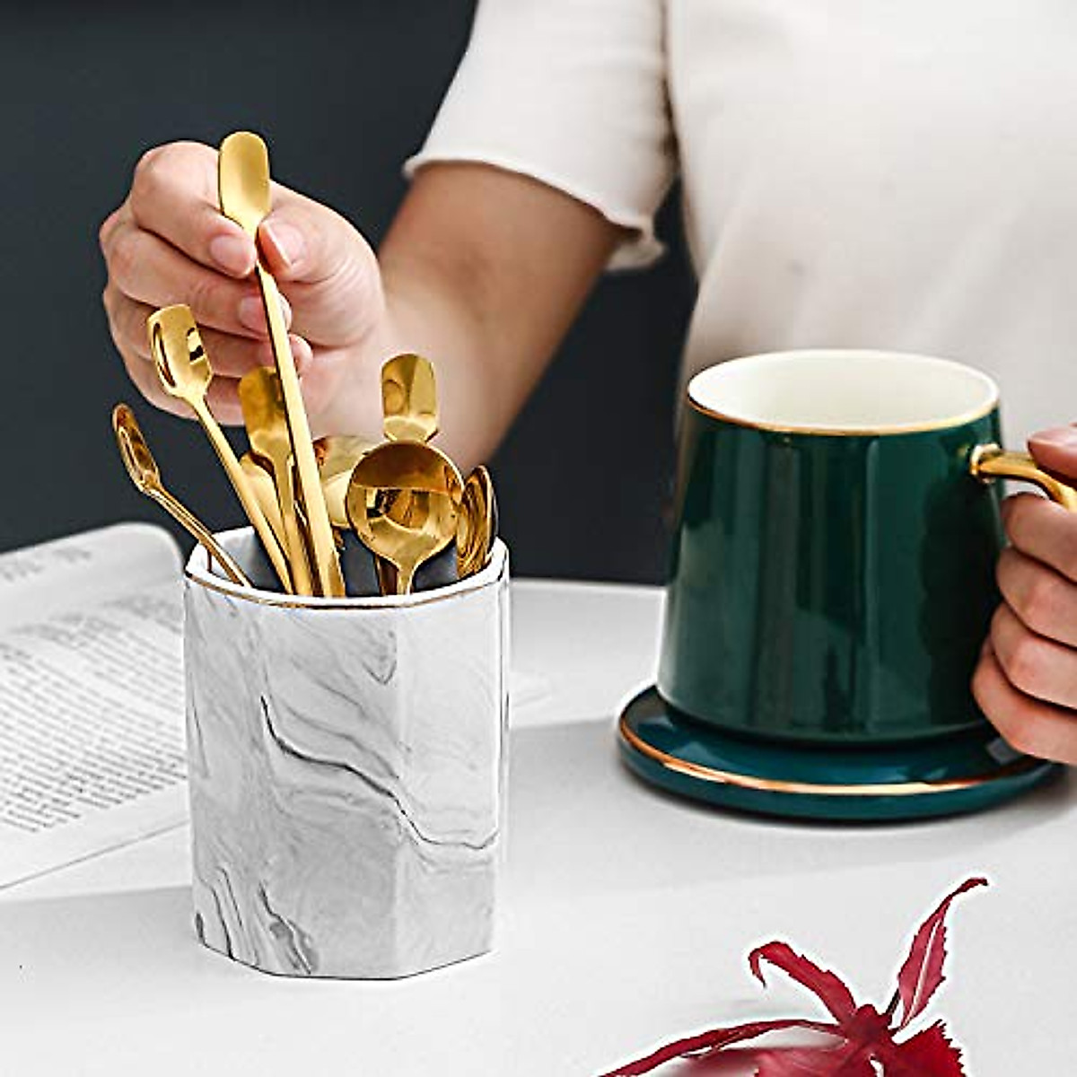 2 Pack Ceramic Pen Holder Stand,Cup for Desk Marble Pattern Makeup Brush Holder for Girls Women,Desk Accessories Holder,Durable Desktop Organizer Pencil Holder Pot Ideal Gift for Office Home (Gray)