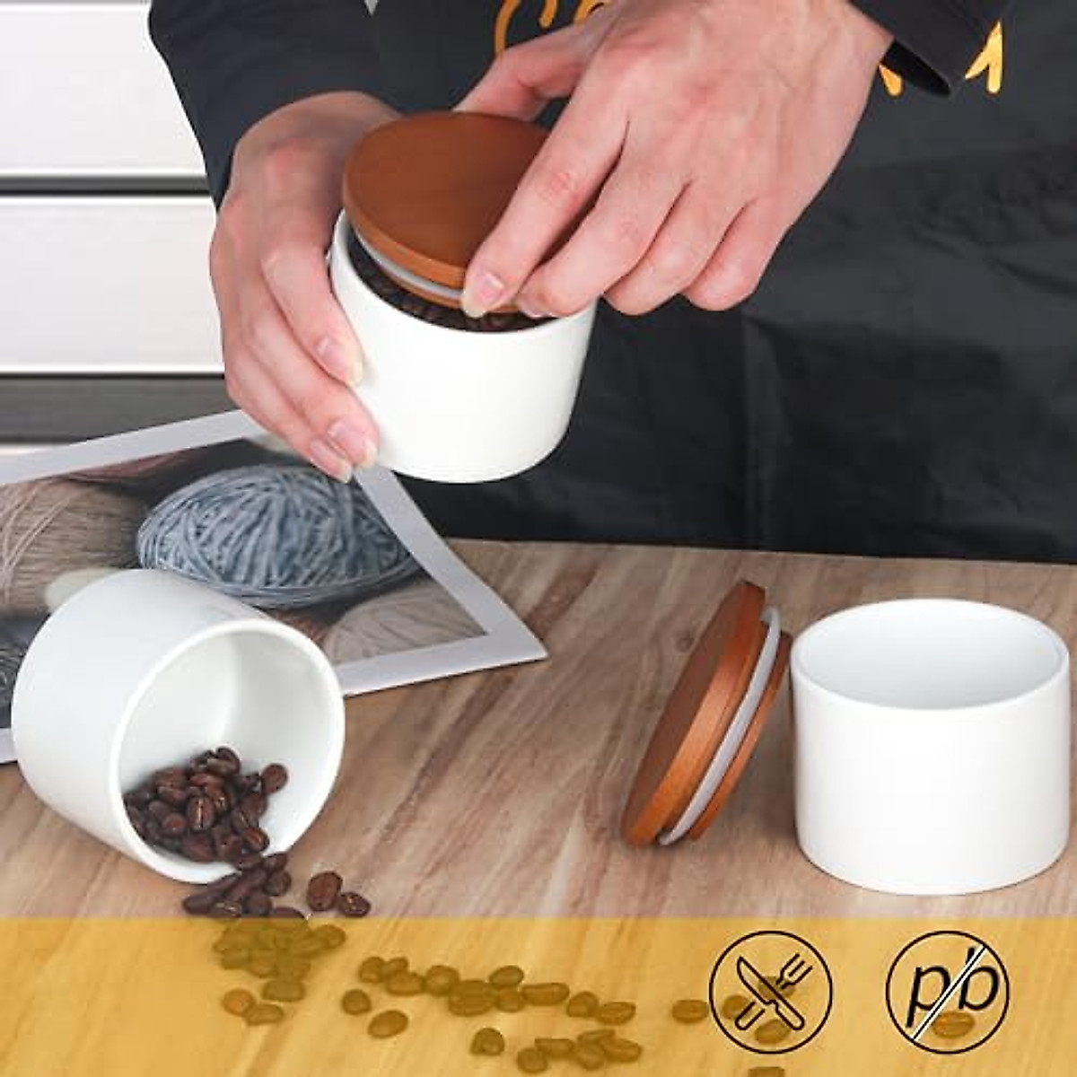 HASAYAKI Storage Jars, Set of 4 Ceramic Canisters 7 oz (220 ml) x4 for Coffee Tea Sugar Cereal Flour and Spice with Airtight Bamboo Lids, 9C50CWx4_white