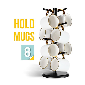 Lorbro Coffee Mug Tree with 8 Hooks, Mug Tree Stand, Bamboo Coffee Cup Holder, Countertop Mug Tree, Mug Stand Kitchen Organizer, Cafe Accessories Decor & Kitchen Organizer Storage Stand (Black)