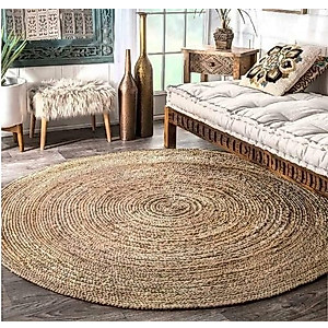 India Artistic Jute Braided Boho Area Rug, Natural Hand Woven Jute Rag Rug- Farmhouse Reverisible Rug Rustic Cotton Jute Rug Home Décor Vibrant Rag Rugs (3 Feet Round)