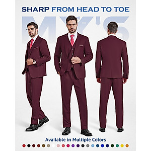 MY'S Men's Blazer Vest Pants Set, One Button Jacket Waistcoat and Trousers, Solid Party Wedding Dress Burgundy Small