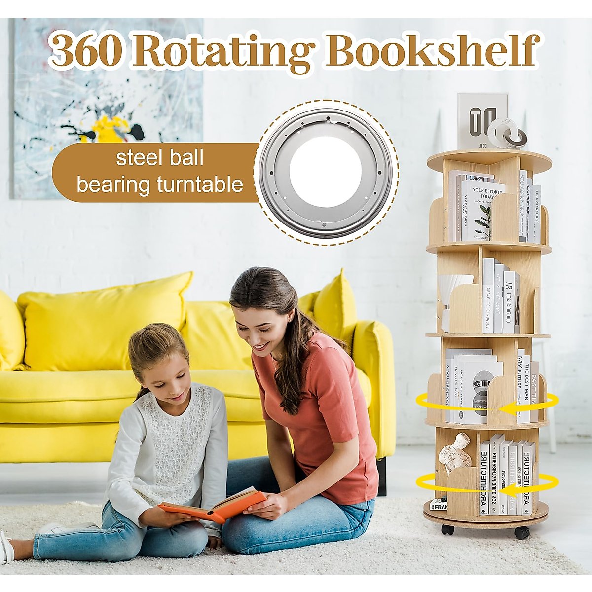 tonchean 4 Tier Rotating Bookshelf Tower,Wood Revolving Bookcase with Wheels Vertical Kids Toddler Bookshelf with Storage,Corner Display Bookshelf Rack for Library Study Office Living Room