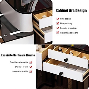 Topjia Makeup Vanity Set with Wireless Charging Station & Bluetooth Speaker, 6 Drawers Cute Smart Makeup Mirror Vanity Desk Chair,Large Capacity Movable Side Cabinet Makeup Vanity for Bedroom