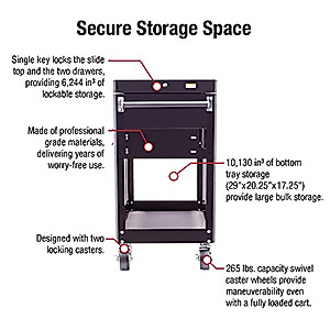 Sunex 8035 Black Compact Slide Utility Cart, Locking Slide Top, Swivel/Locking Casters, 18 Gauge Steel, Latching Drawers, 450-Pound Capacity