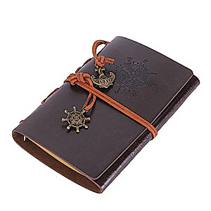EvZ Leather Writing Journal Notebook, 7 Inches Vintage Nautical Spiral Blank String Diary Notepad Sketchbook Travel to Write in, Unlined Paper, Retro Pendants, Classic Embossed, Coffee
