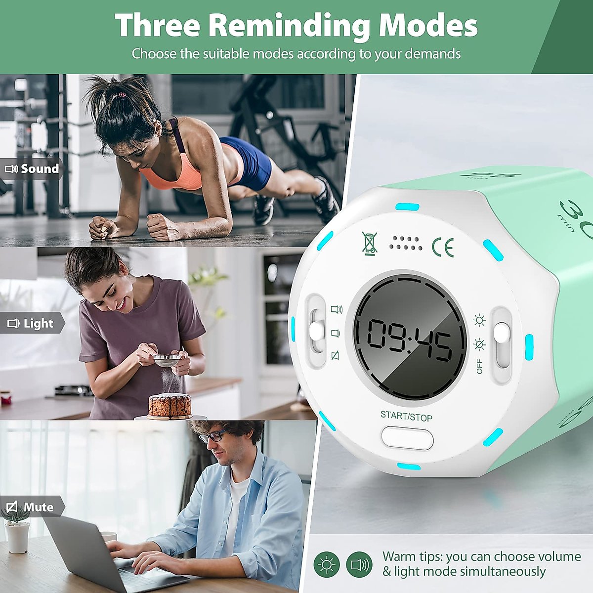 Pomodoro Timer, 8 Sides Visual Magnetic Timer, Digital Cube Flip Timer, Countdown & Count up Timer, Silent & Alarm, Rotating Productivity Timer for Time Management Work Study Exercise(Green)