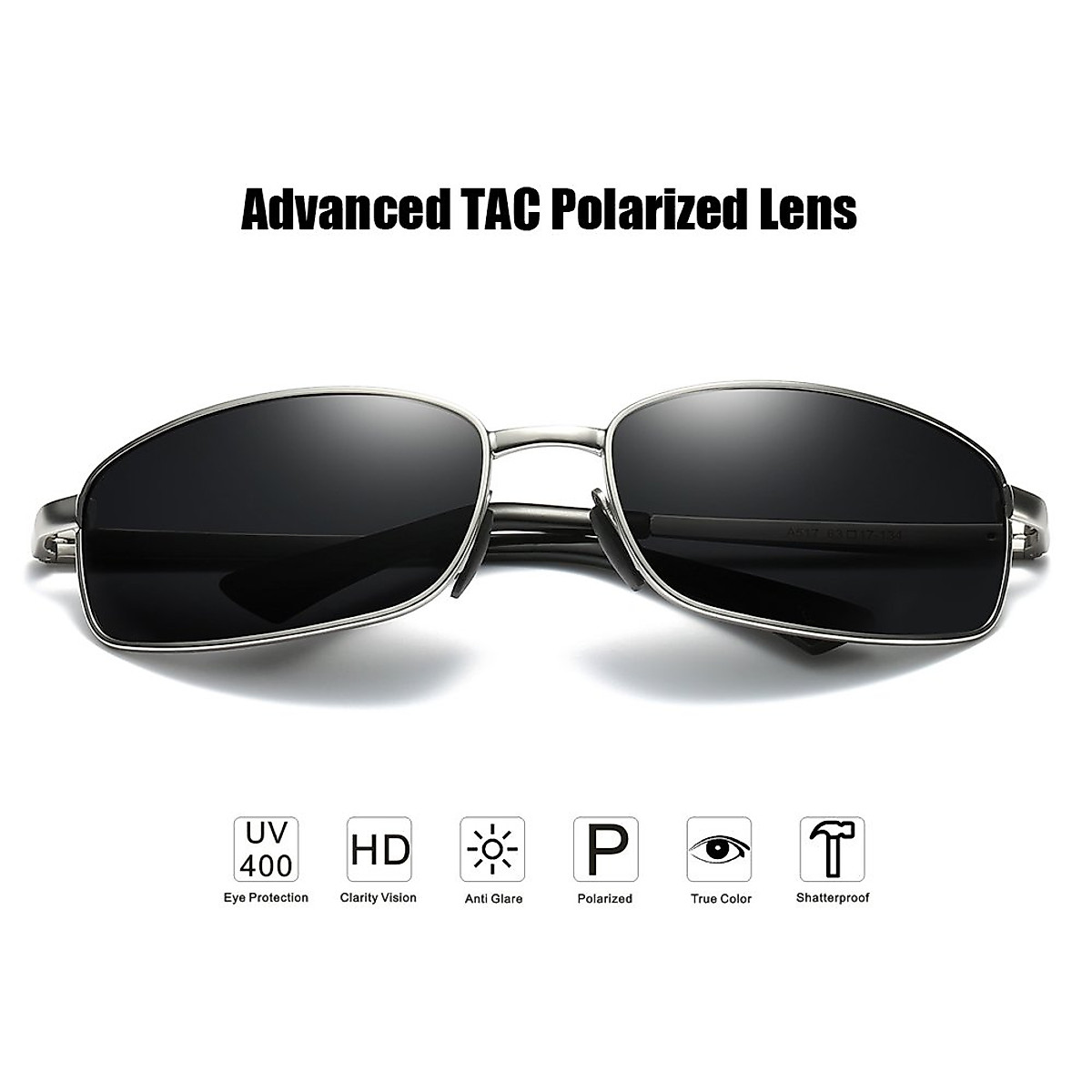 ZHILE Wrap Polarized Sunglasses Rectangular Metal Frame Classic Style Large Size (Silver, Grey)