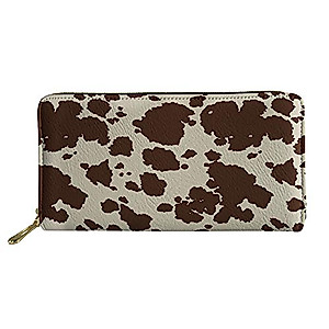 CLOHOMIN Brown Cow Wallet Purse Long Leather Waterproof Cash Card Holder Cute Animal Fur Prints Clutch Purse for Women Girls Holder Zipper Closure Mini Wristlet Coin Bag