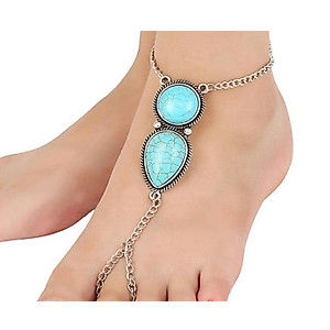 Jovono Boho Slave Bracelets Silver Turquoise Finger Ring Bracelets Summer Beach Hand Chain Jewelry for Women