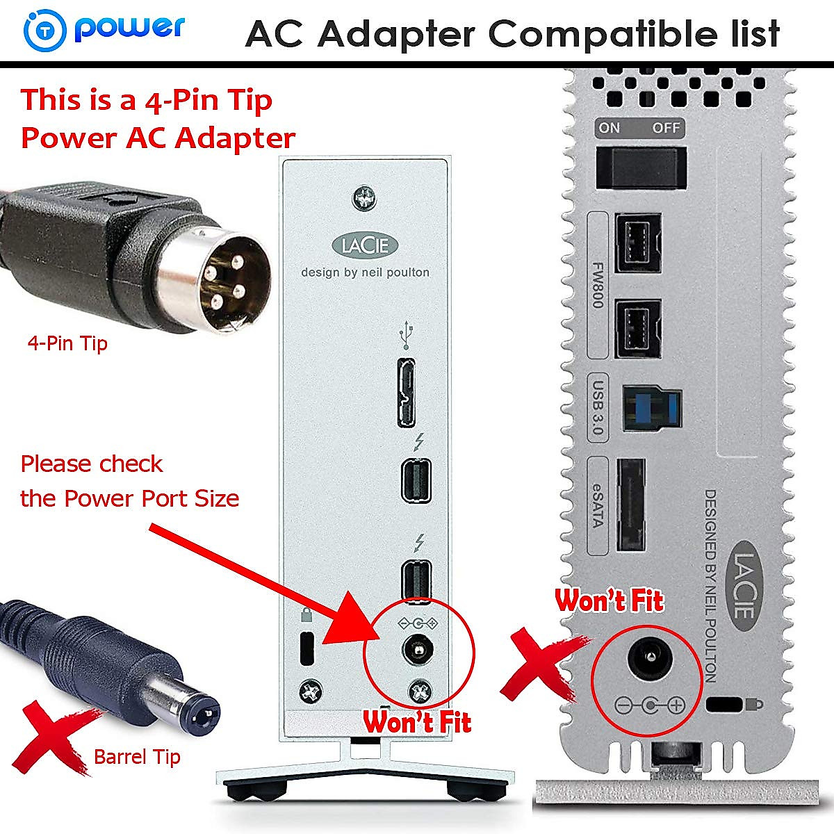 T-Power 5V 12V 4-PIN Adapter for LACIE Models 706479 710199 800040 ACU034A-0512 ACML-51 710200 ACU057A-0512 Sunfone Hard Disk Drive HDD HD Power Supply