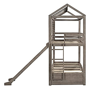 HYC Twin Over Twin Bunk Bed for Kids Toddlers, Wooden Bunk Bed with Slide and 2 Storage Drawers, House-Shaped Bunk Bed for Girls Boys,Gray