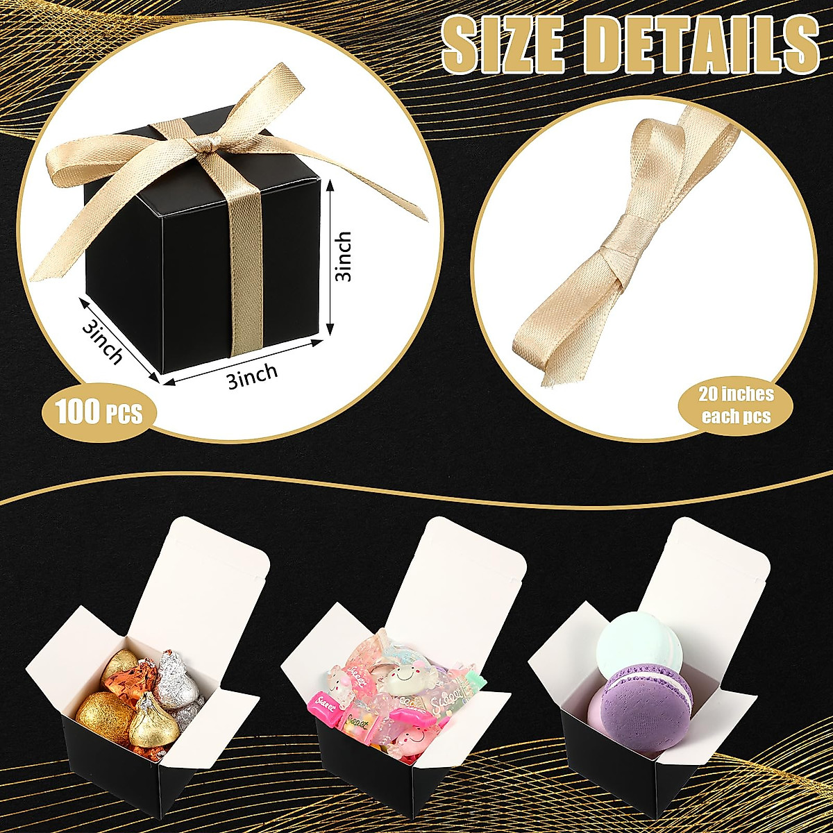 Jutom 100 Pcs Mini Favor Boxes Extra Small Candy Boxes Paper with Gold Ribbon for Birthday Graduation Baby Shower Wedding Party Supplies(3 x 3 x 3 Inch,Black)