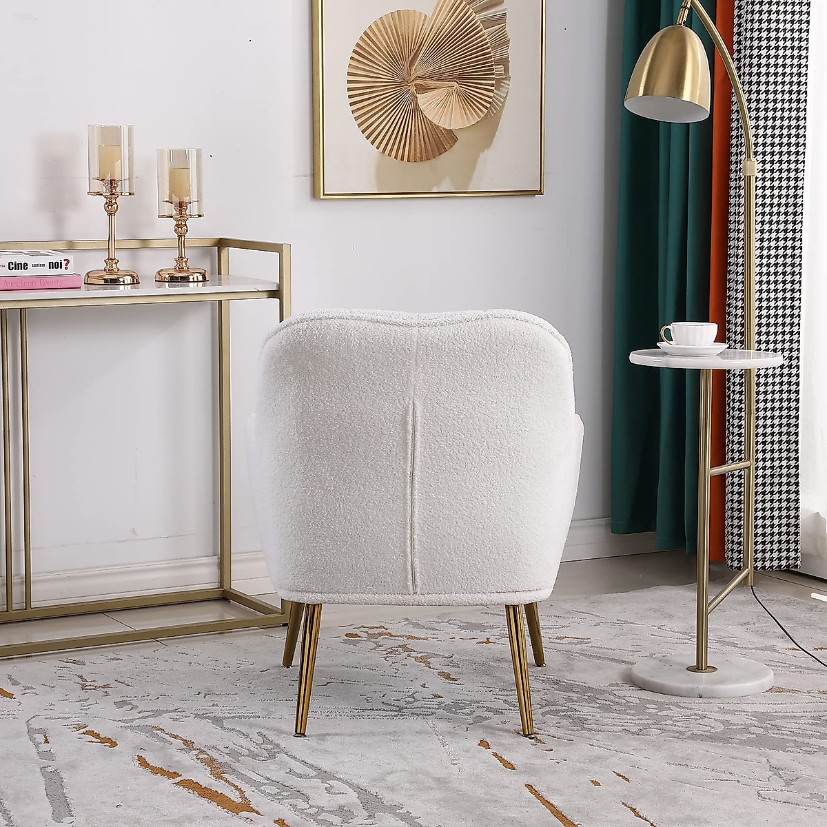 Goujxcy Teddy Barrel Chair Accent Armchair with Golden Legs for Living Room Bedroom Home Office, Tufted Back Club Chair (White3)