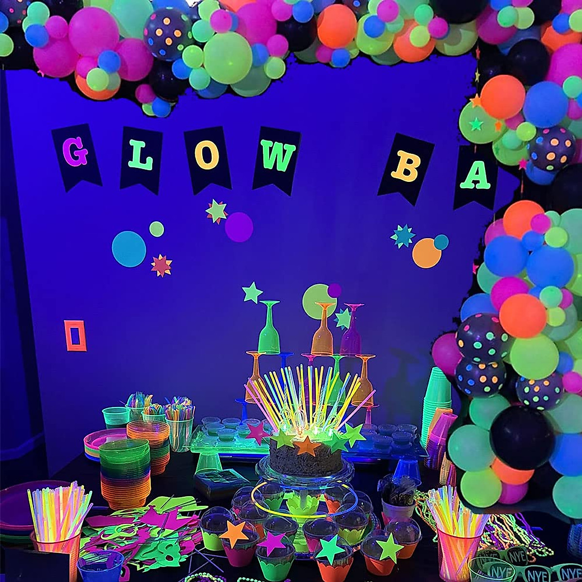 150Pcs NEON Balloon Garland Kit, Neon Glow in The Dark Balloon Arch with neon yellow, orange, pink, blue and neon polka dots Blacklight Balloons for Disco Party,Glows with Black Light Party Supplies