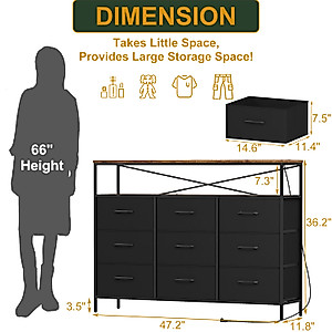 Qupui Tall Dresser with Charging Station and LED Lights, 36'' Tall Dresser tv Stand for up to 55 Inch TVs, 9 Fabric Drawer Dressers for Bedroom, Sitting Room, Hallway, Black
