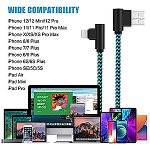 Snisre MFi Certified Lightning Cable 3ft 90 Degree iPhone Charger 3 Pack Nylon Braided Right Angle Extra Long iPhone Charger Cord for iPhone 12 11 Pro X XS XR 8 Plus 7 6 5 (Blue Black, 3FT)