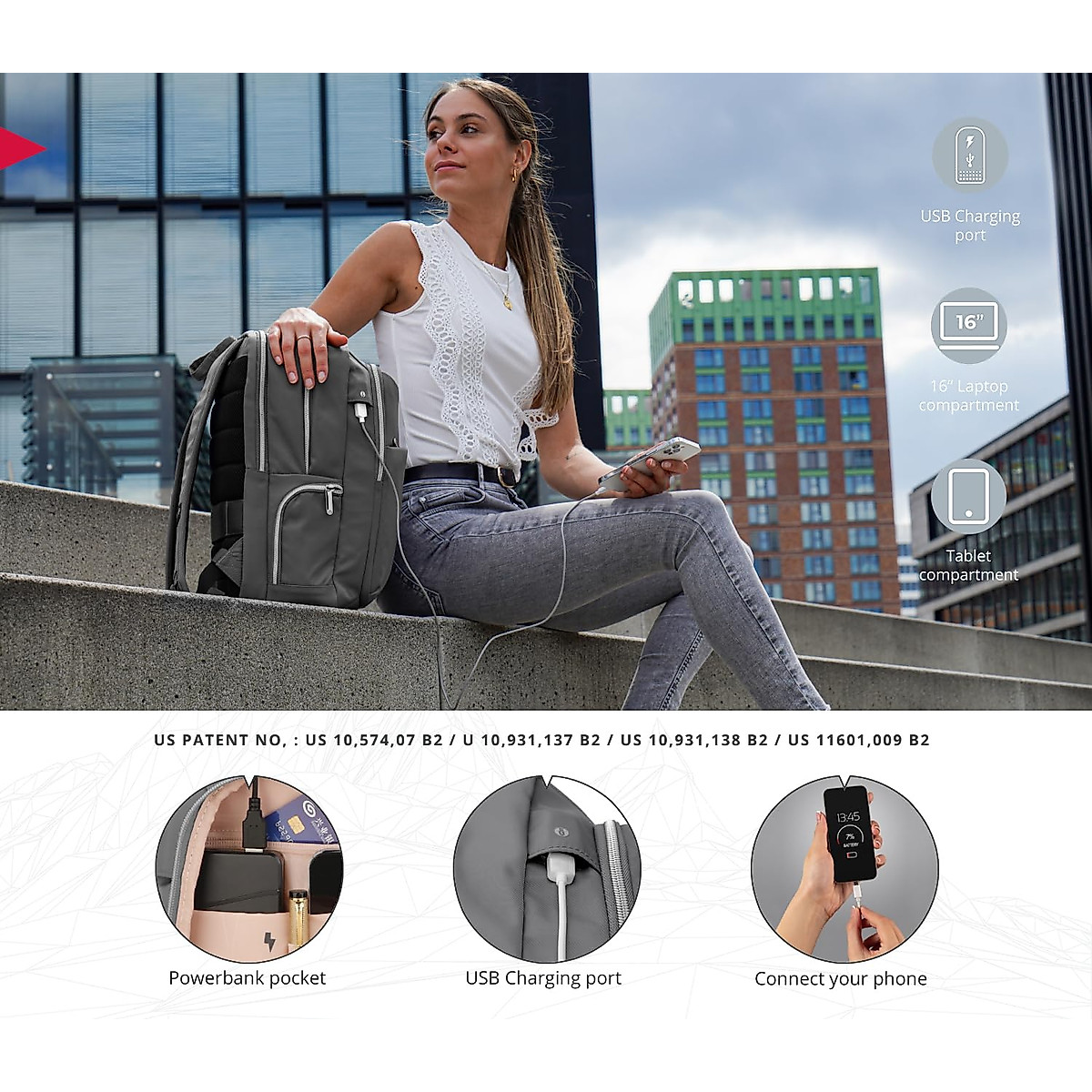 Swissdigital Design Laptop Backpack For Women，College Bookbags With USB Charging Port，Large Capacity Computer Backpacks For Work Business Grey(Katy Rose SD1006F-02)