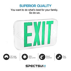SPECTSUN 1PACK LED Exit Sign with Battery Backup, Green Exit Light,Hardwired Exit Sign, 120V/277V Exit Sign with Arrow,UL Exit Sign Lighting, Commercial Egress Light,2 sided Fire Exit Sign Plastic