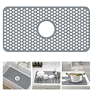 Silicone Sink Protector- Sarlai 25"x13" Center Drain Kitchen Sink Mats Grid Folding Non-slip Sink Mat for Bottom of Ceramic Porcelain Fireclay Farmhouse Sink (Grey)