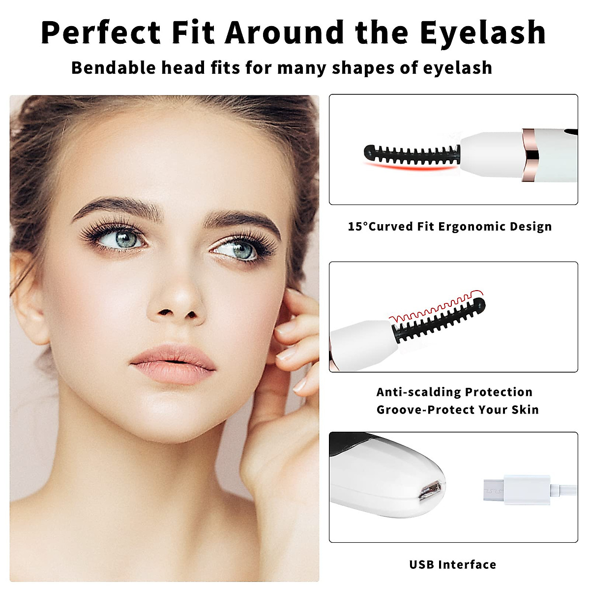 Acavado Heated Eyelash Curlers Heated Lash Curler with Comb Electric Eyelash Curler LED Display 3 Temperature Settings for Makeup Natural Curling 24H Long Lasting Eye Lashes Tool for Women White