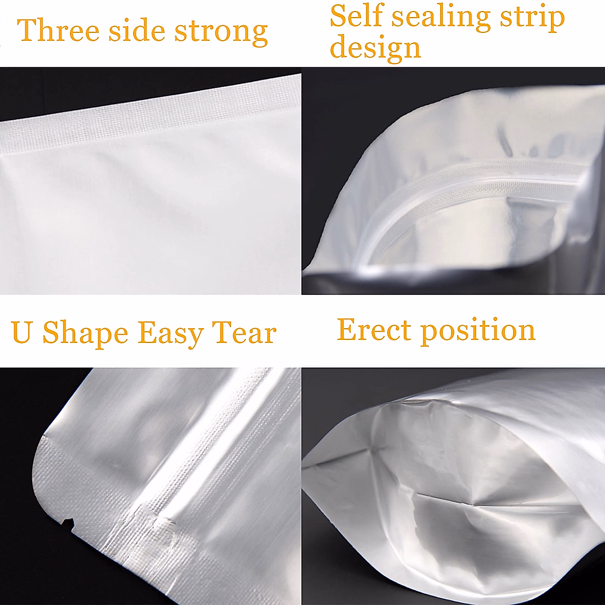 50 Pack 1 QUART Mylar bags for Food Storage With 60 Pack 300cc Oxygen Absorbers Stand-Up Zipper Pouches Resealable for Long Term Food Storage (7" x 10")