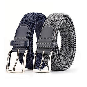 Radmire 2 Pack Elastic Braided Woven Canvas Belts for Men and Women (Blue+Grey, Medium/32-34" Waist)