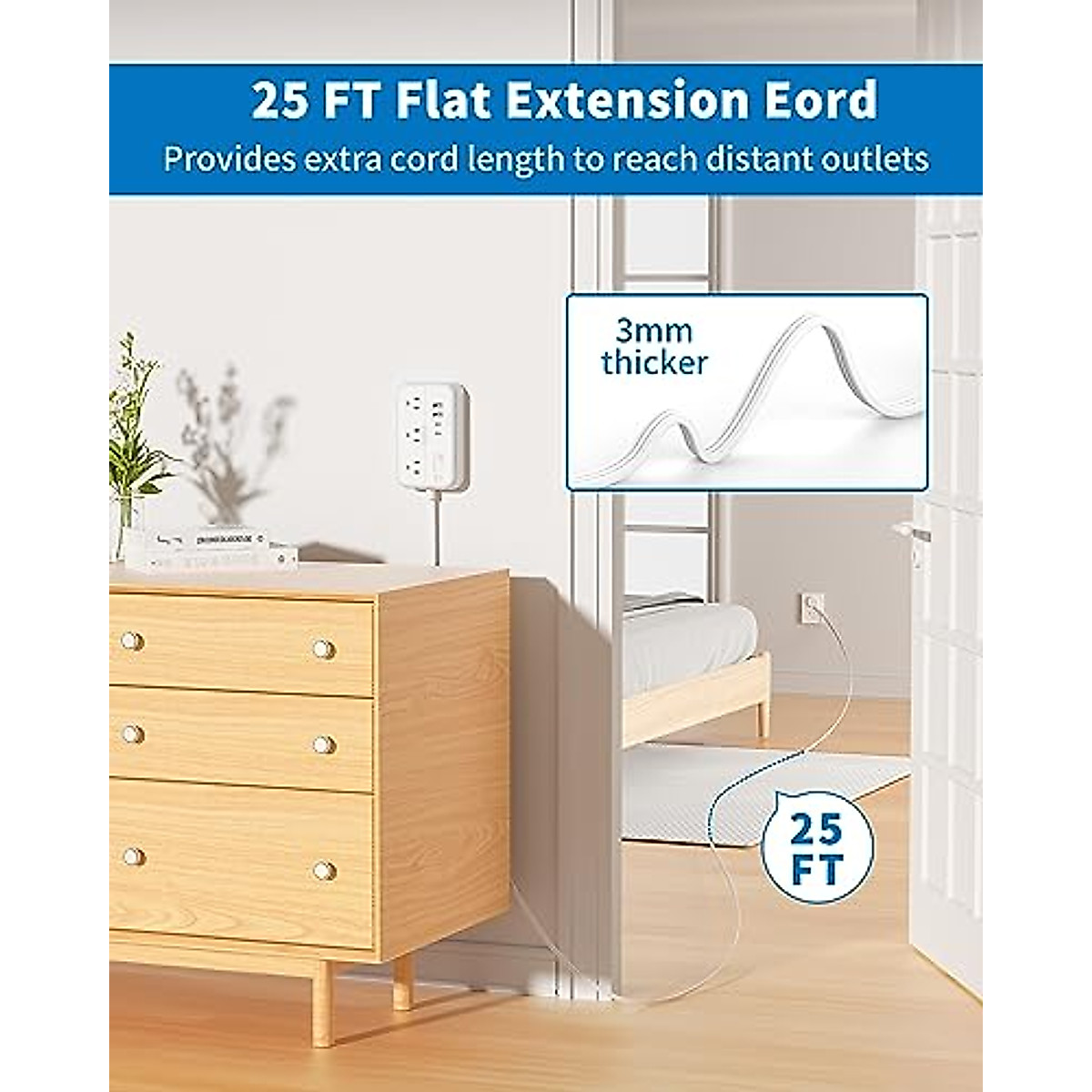 Flat Extension Cord 25 ft, NTONPOWER 2-Side Outlet Extender Surge Protector Power Strip with 6 Outlets 4 USB Ports, Mounted, Overload Protection for Indoor, Home, Office, Dorm Room Essentials