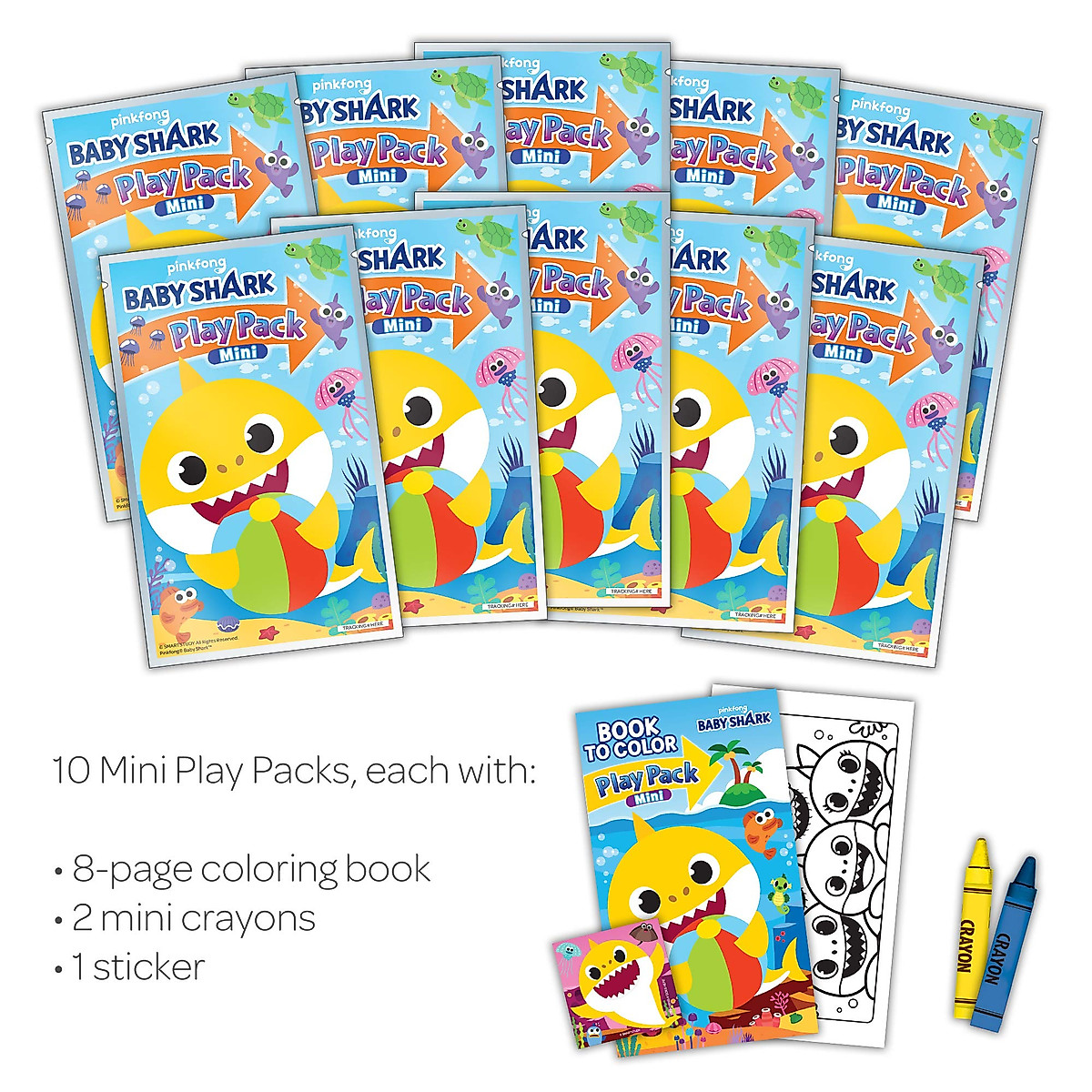 Bendon Mini Play Packs, Each with Mini Coloring Book, 2 Mini Crayons, and a Sticker,10-Pack (Baby Shark)