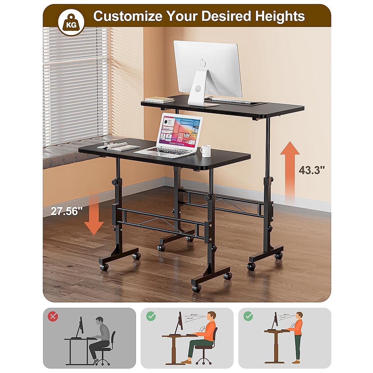 Small Standing Desk Adjustable Height, Mobile Stand Up Desk with Wheels, 32 Inch Portable Rolling Desk Small Computer Desk, Portable Laptop Desk Standing Table Black
