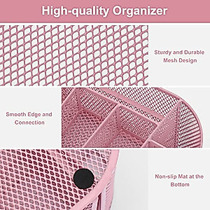 EOOUT Pink Desk Accessories, Pen Holder for Desk, Mesh Desk Organizer with 8 Compartments and 1 Drawer for Office Home School Classroom