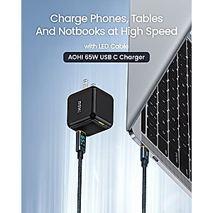 AOHI 65W PD USB C Charger, GaN+ Magcube Mini Fast Wall Charger Power Adapter with 4ft USB C to USB C LED Display Cable for Notebook MacBook Pro/Air, Galaxy S22/S21, iPhone 14/Plus/Pro Max/13/12, Black