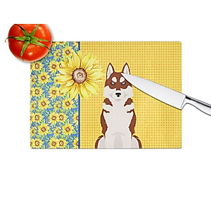 Caroline's Treasures WDK5492LCB Summer Sunflowers Red Siberian Husky Glass Cutting Board Large Decorative Tempered Glass Kitchen Cutting and Serving Board Large Size Chopping Board