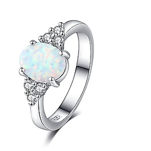 U-M White Gold Rings for Women Simulated Opal with Diamond Accent Womens Ring Fashion Engagement Bride Bridesmaid Jewelry Accessories Festive Birthday Party Favors Deft and Attractive