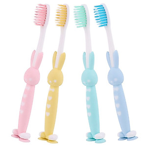 Healifty Kids Toothbrush Cartoon Bamboo Charcoal Soft Hair Silicone Cute Cleaning Teeth Brush Set Handle Children Teeth Cleaning Brushes for Boys and Girls 4pcs (4 Colors)