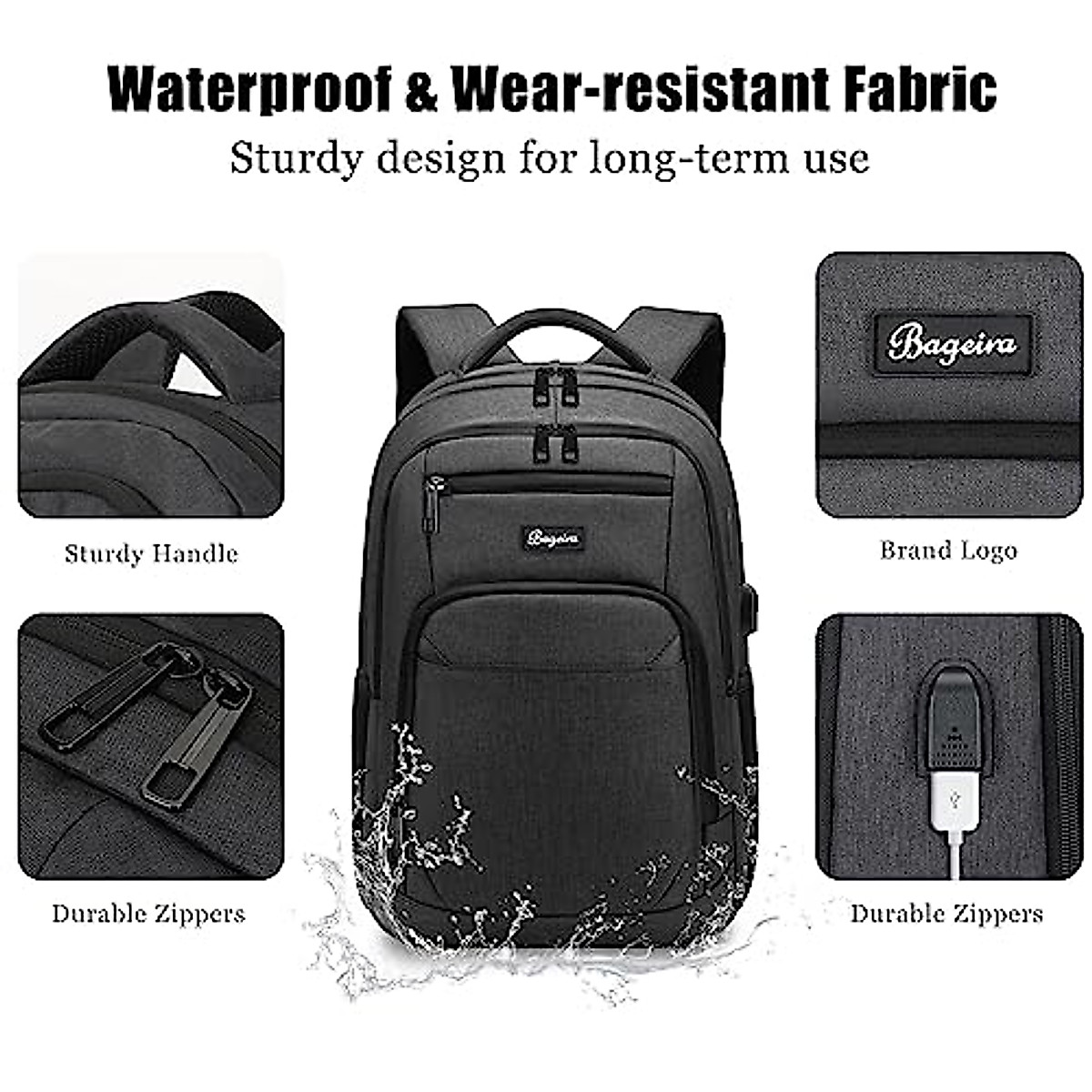 BAGEIRA 17.3 Inch Laptop Backpack, School Backpacks for teen boys, College High School Backpack. Travel Backpacks with usb Charging Port for Women Men. Anti-theft Waterproof Work Bookbags, Black