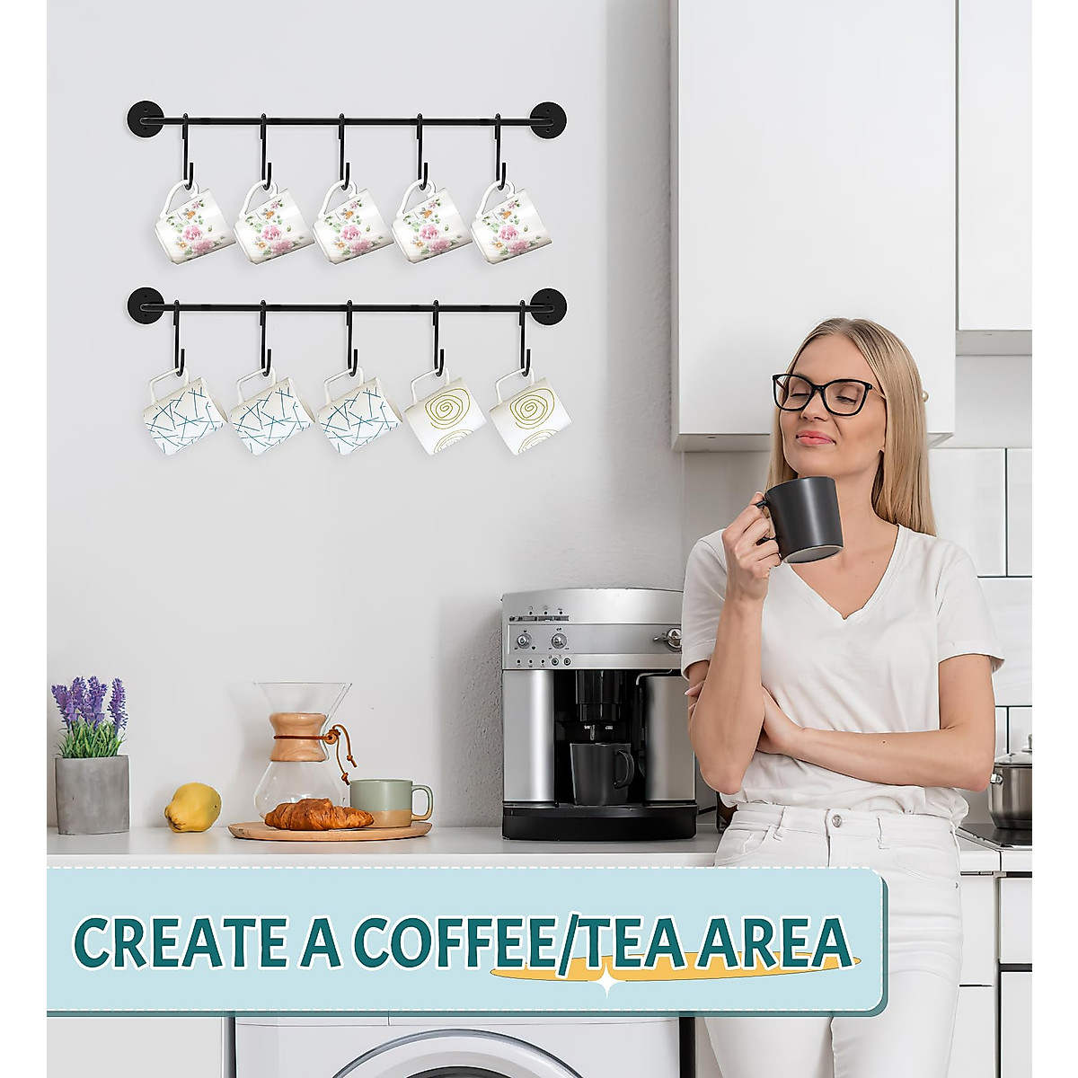 HOMEBROS Coffee Mug Rack, Black Metal Coffee Cup Holder Wall Mounted Hanging Coffee Mug Holder with 10 Mug Hooks Space Saving Kitchen Coffee Bar Mug Hanger Tea Cup Holder for Storage & Display - 2 Pcs
