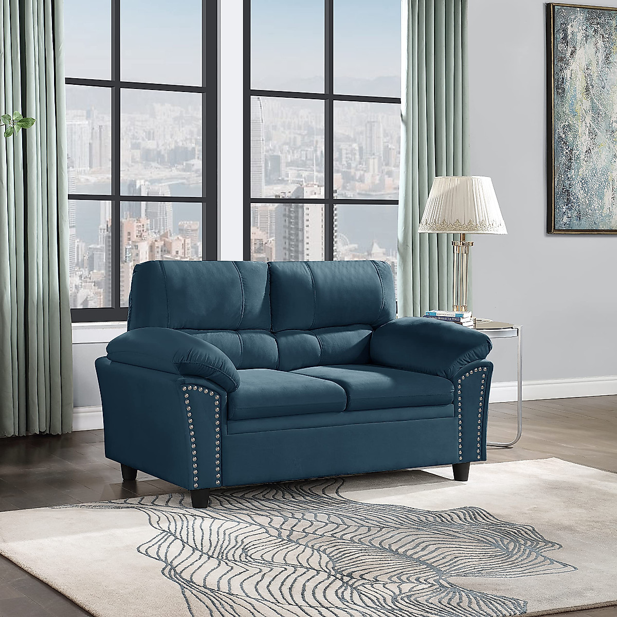 ERYE 2 Pieces Cushions Sectional Include 3 Seater Loveseat,Pillow-Top Armrest Velvet Upholstered Tufted Sofa & Couch W/Nailhead Decor for Home Office Apartment Living Room Furniture Sets, Blue 83.46"W