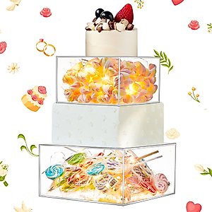 Sintuff 2 Pcs Square Acrylic Cake Stand 2 Tiers 6''/10'' Clear Fillable Cake Riser with LED String Light Cupcake Stand with Lid for Wedding Birthday Party Table Desserts