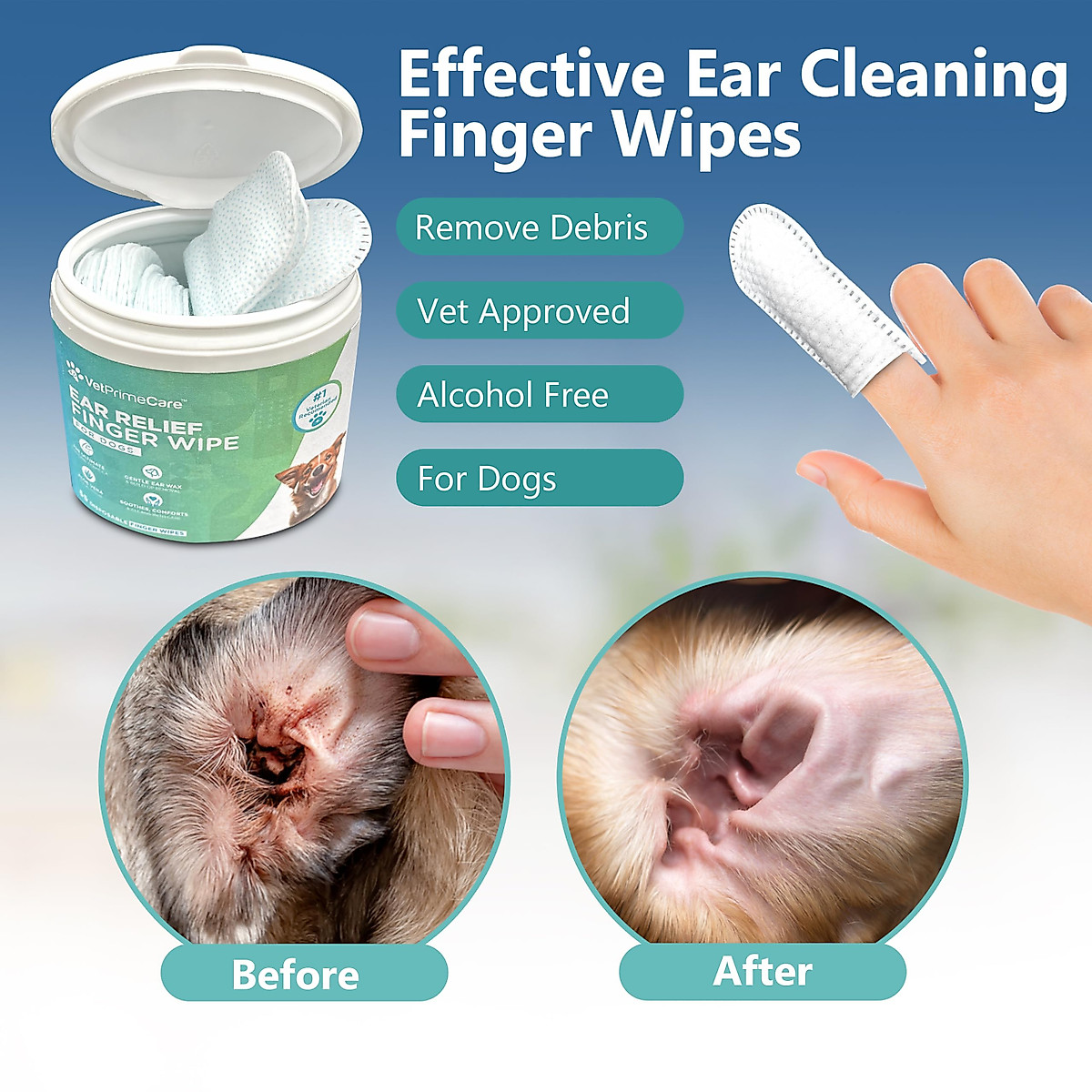 VET PRIME CARE Pet Finger Wipes for Dogs Ear Relief, Aloe Vera & Eucalyptus Infusion, Pet Grooming Wipes, Remove Debris & Ear Wax, Soothe & Deodorize, 55-Count Pack.