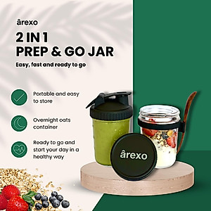 arexo Overnight Oats Containers with Lids – Practical Oatmeal Oat Jars – 3pcs Overnight Oatmeal Jars with Regular Lid and Blender-Style Lid – Thick Glass Overnight Oat Container – Lightweight and Comp